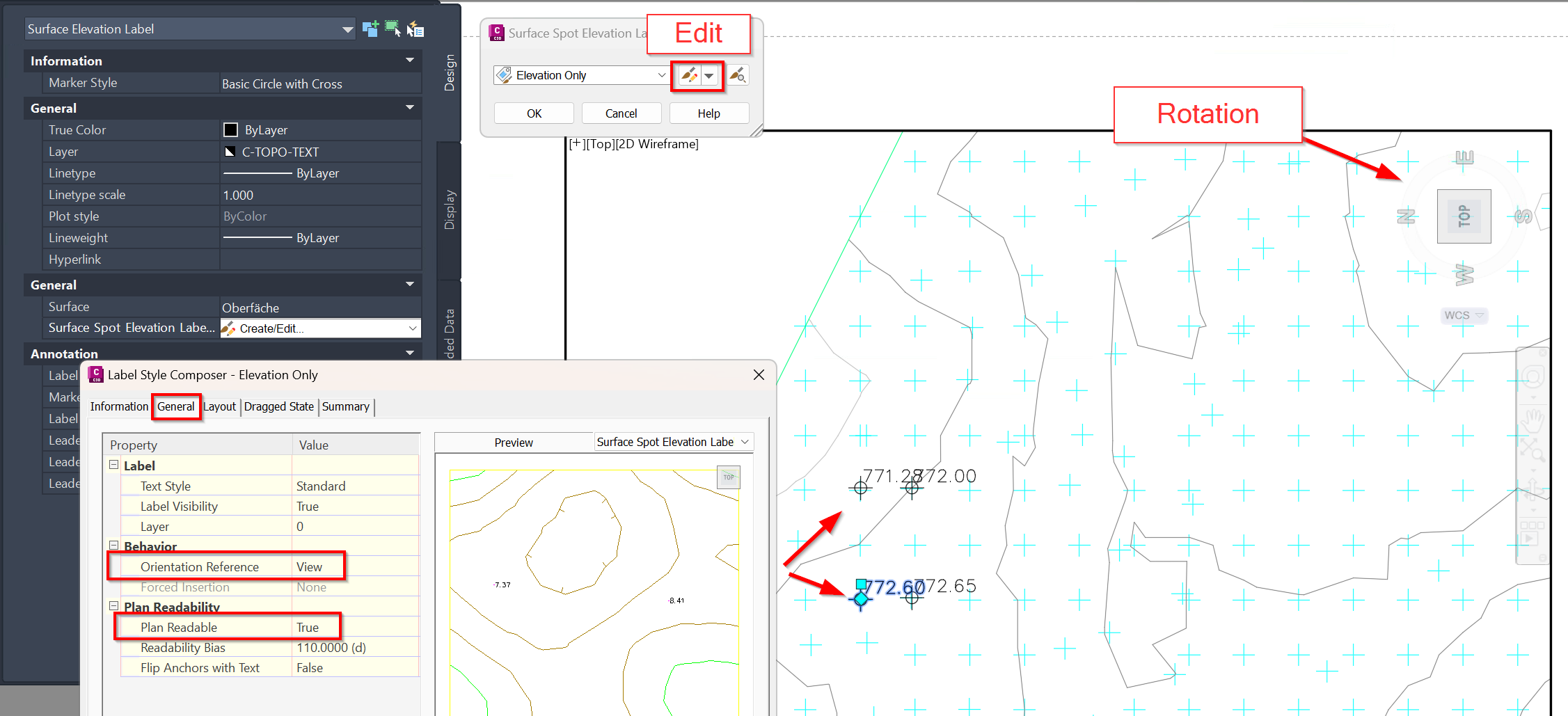 Readable orientation of labels in a rotated Viewport in a Layout in Civil 3D
