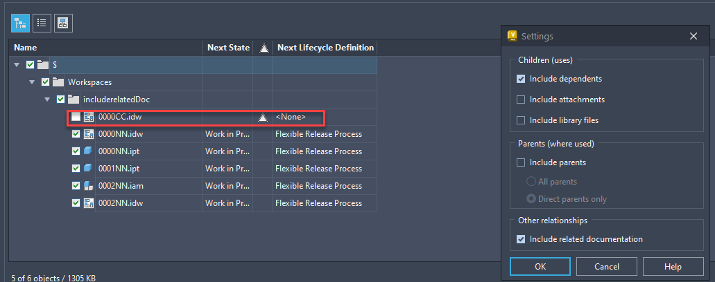 Folder View in Vault Change State dialog shows additional drawings from library files although ...