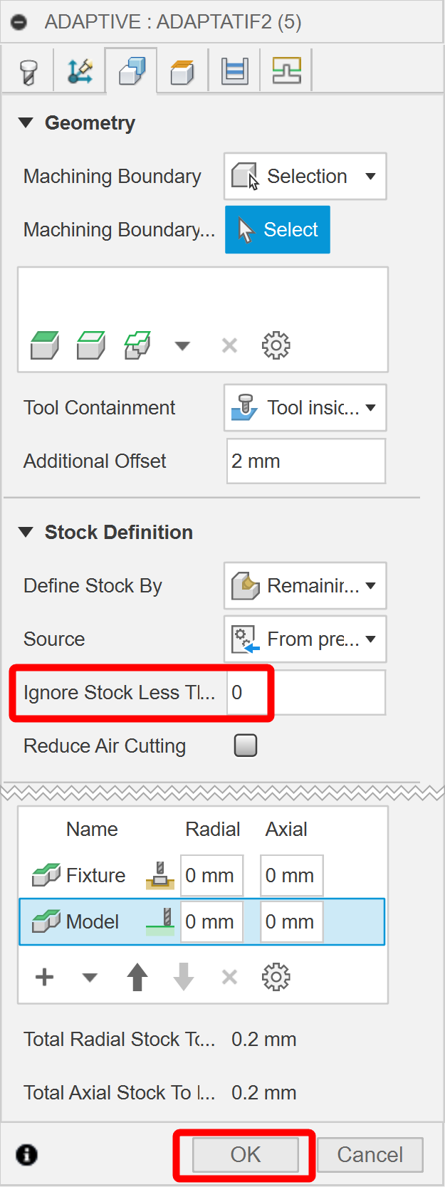 Warning: "Ignore Stock Less Than decreased to match the corner radius." showing in Adaptive ...