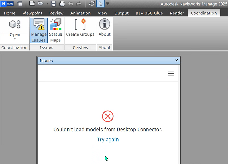 "Couldn't load models from Desktop Connector" error when clicking on Manage Issues in Navisworks