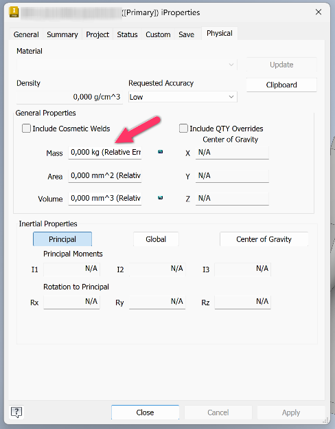 即使零件在Inventor iProperties中设置了材料、质量和密度，部件仍显示零 （0） 质量