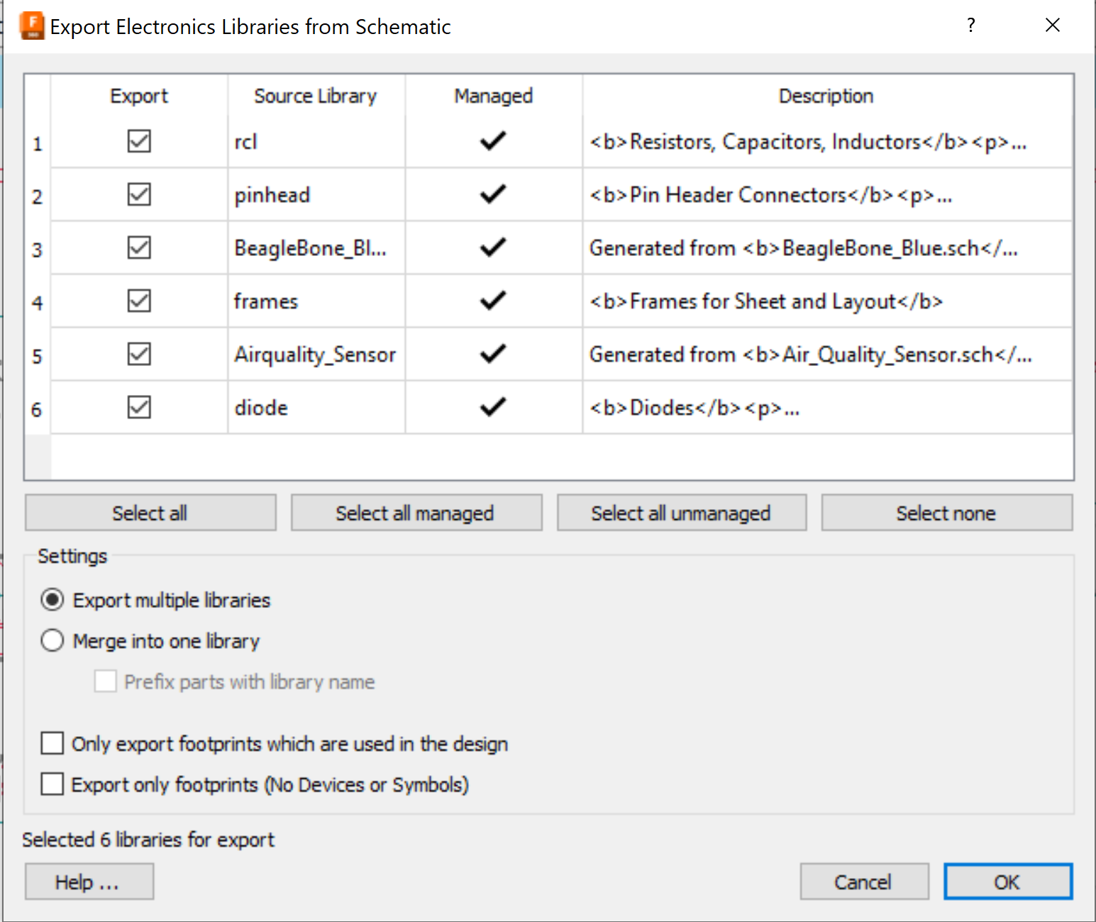 How to export the components used in an electronics design as a library in Fusion