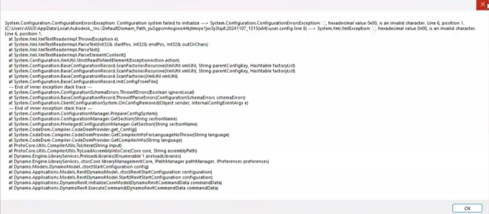 "System.Configuration.ConfigurationErrors.Exception" when clicking on the Dynamo tab for Revit