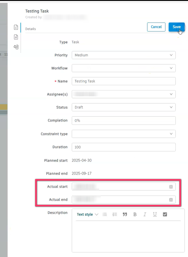 "validation error." seen after changing project task Actual Start Date in Upchain