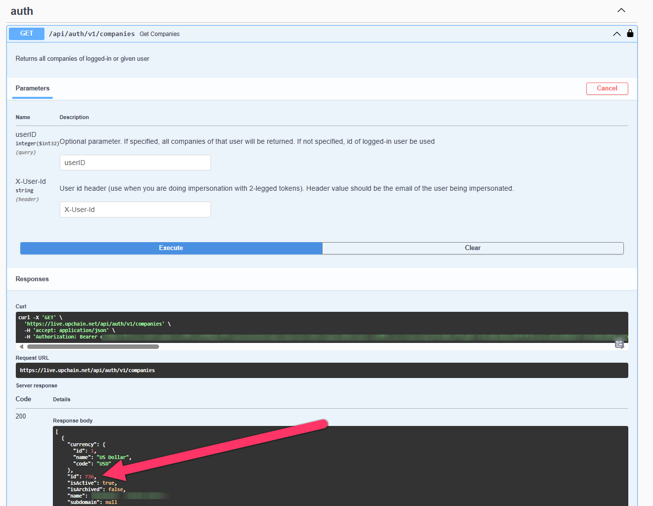 How to retrieve a CompanyID for APIs in Upchain?