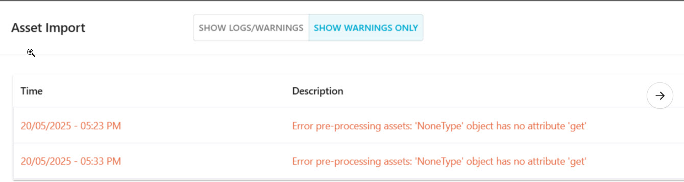 Error Pre-processing assets: ‘NoneType' object has no attribute 'get' in info360 Asset