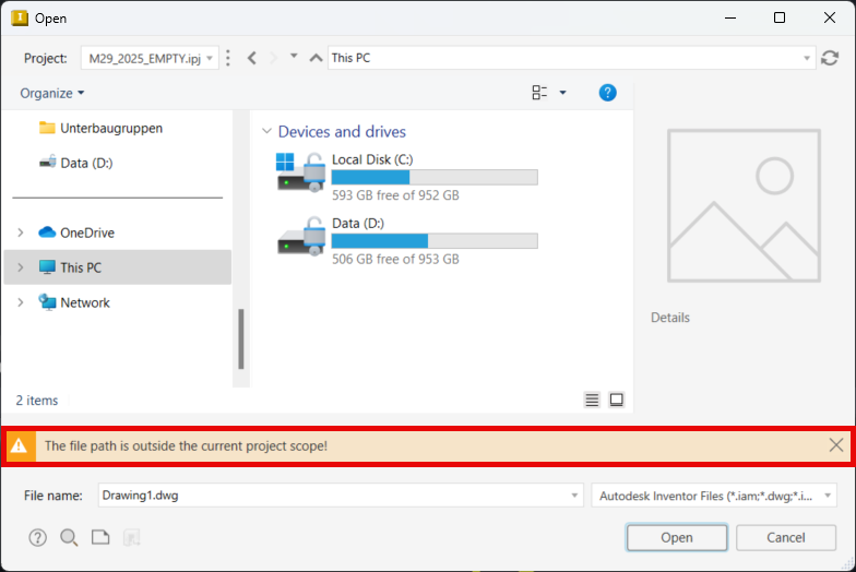 How to prevent access to folders outside the workspace in the new file open dialog in Inventor 2026