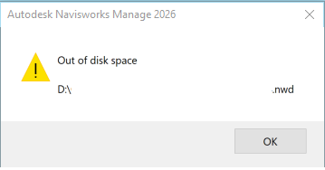 "Out of disk space" exporting NWD with "Exclude hidden items" from Navisworks