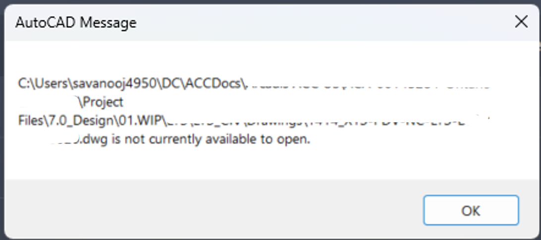 "DWG is not currently available to open" when opening a DWG file from ACC Docs