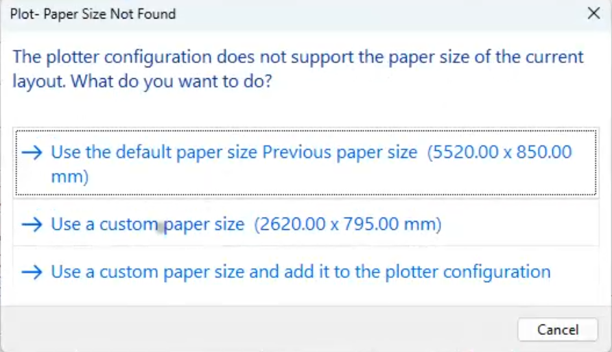 "Plot- Paper Size Not Found" when plotting in AutoCAD Products