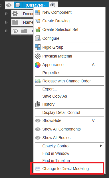 How to switch between direct and parametric modeling in Fusion