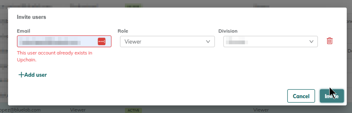 When inviting a user to a tenant in Upchain an error message "This user ...
