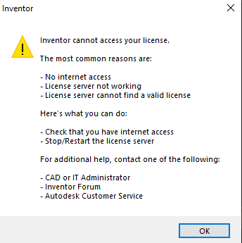 "Inventor cannot access your license" when launching Inventor
