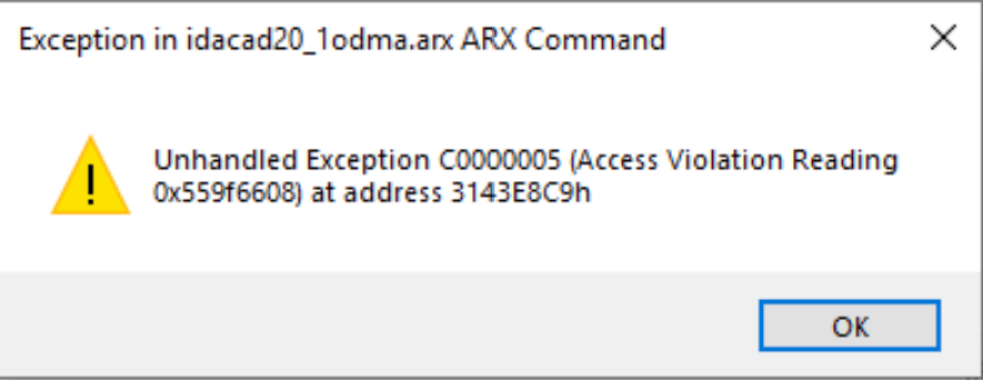 "Exception in idacad2x_xodma.arx ARX Command" when opening a drawing in Civil 3D