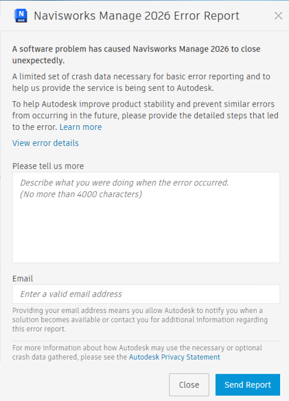 "A software problem has caused Navisworks to close unexpectedly" after ...
