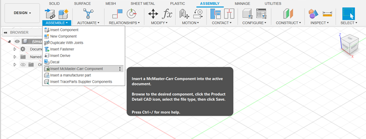"Autodesk Fusion의 """"삽입"""" 메뉴에 "McMaster-Carr 구성요소 삽입""""이 누락되어 있습니다."