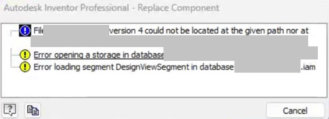 "Error loading segment" when opening files in Inventor