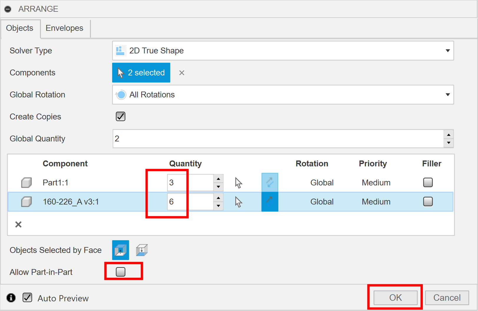 How to arrange or nest different parts and various quantities in Fusion?