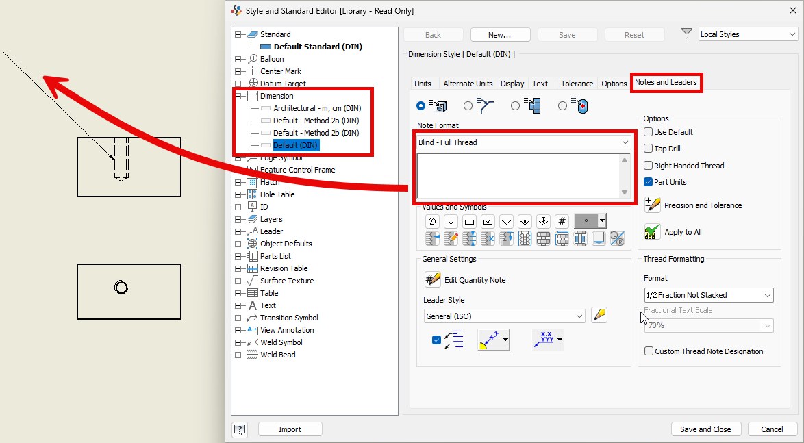 Configure Hole Note Style for various hole types in Inventor