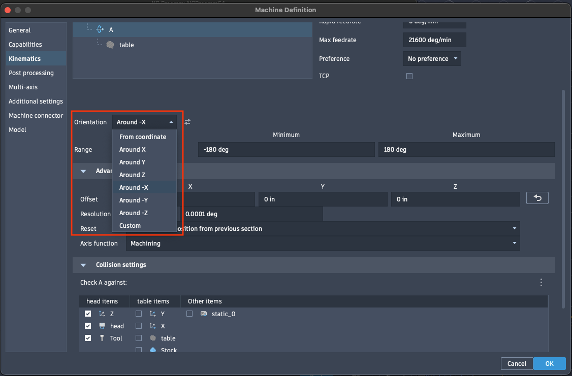 How to set the A-axis table to rotate only in the negative direction in ...