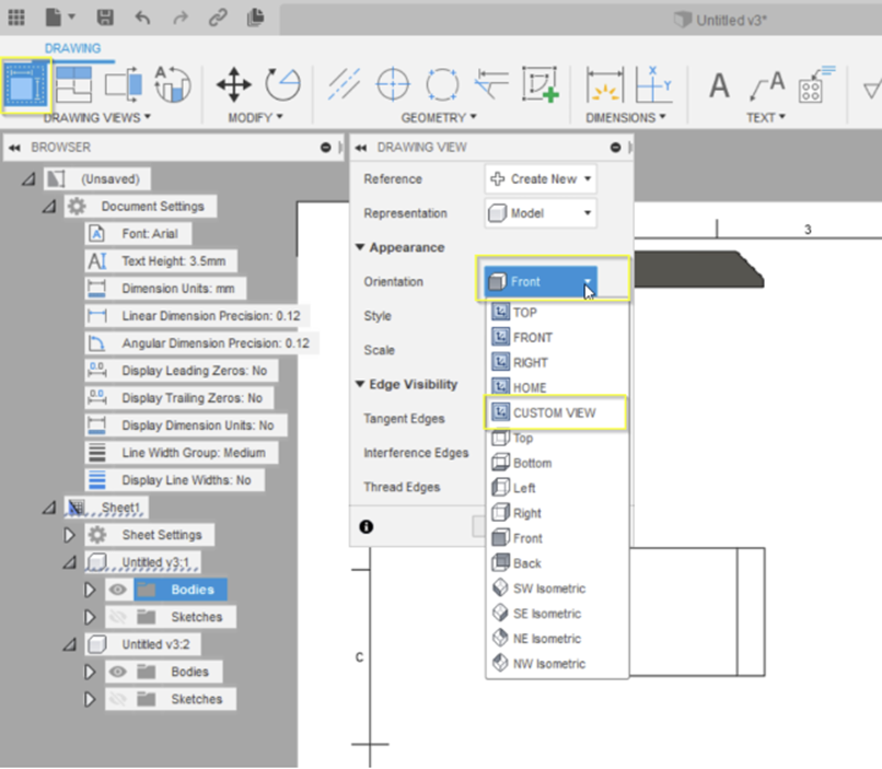 How to insert custom/named drawing view in Fusion