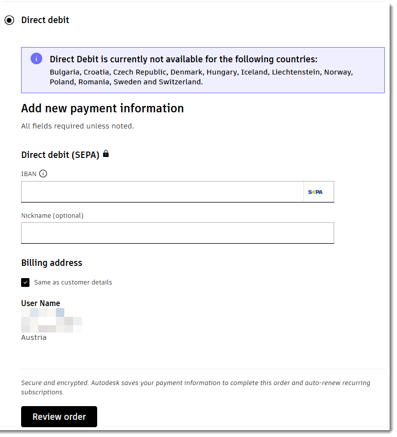 Autodesk checkout: How to resolve Direct Debit payment method unavailable