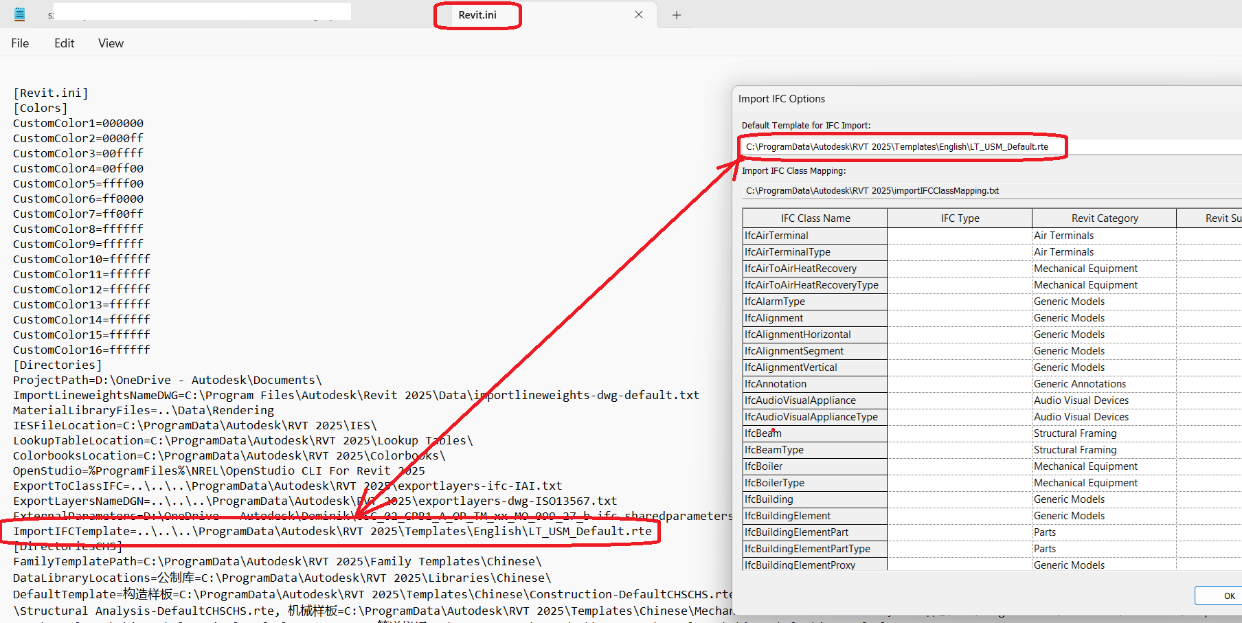 How to configure Revit.ini to store template for IFC import in Revit