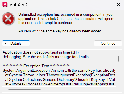"An item with the same key has already been added." while placing a component from P&ID line ...