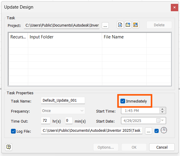 Inventor Task Scheduler asking for login windows
