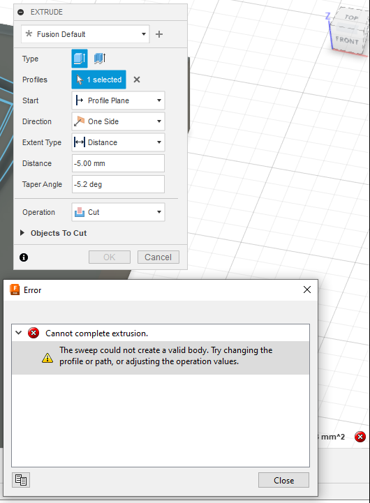 Getting "Error - Cannot complete extrusion. The sweep could not create ...