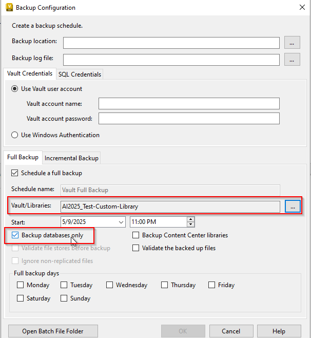 How can a single Vault database be scheduled to be backed up?