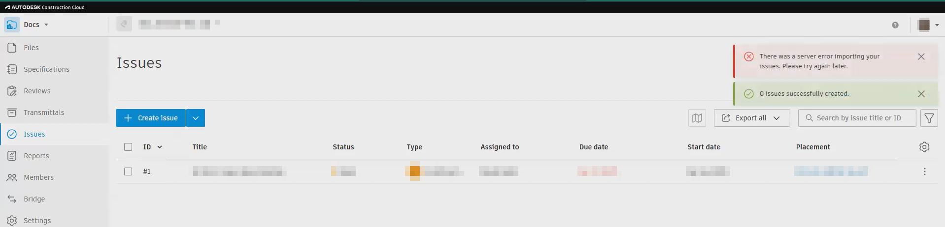 'There was a server error importing your issues. Please try again later ...