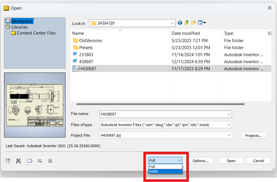 Inventor is hanging when opening drawing