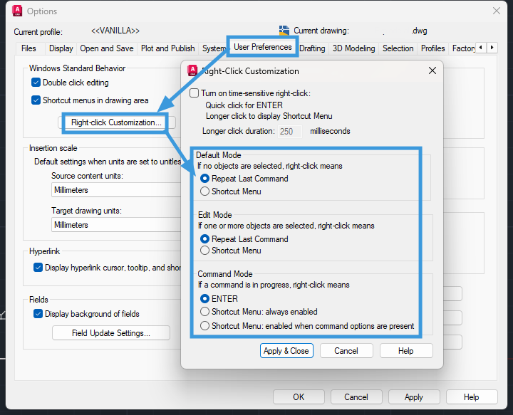 Right-Click Customization settings reset when opening new DWG file in AutoCAD 2023