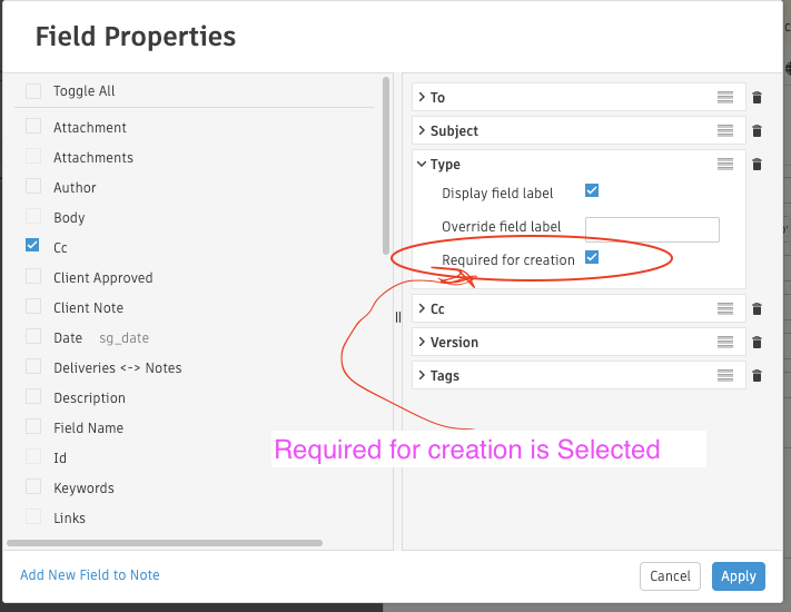 制作注释不需要在 Flow Production Tracking（以前称为 ShotGrid）中创建新注释时使用“类型”（Type）字段
