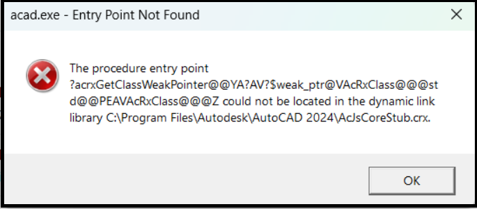 "acad.exe - Entry Point Not Found" when launching AutoCAD Products