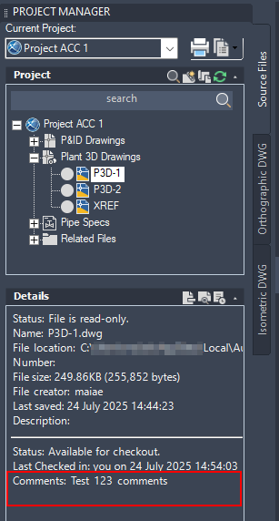 AutoCAD Plant 3D Collaboration 프로젝트에서 도면을 체크 인할 때 주석을 볼 수 있는 위치