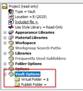 What are the 'Vault options' for Virtual and Publish folder in the Inventor project file?