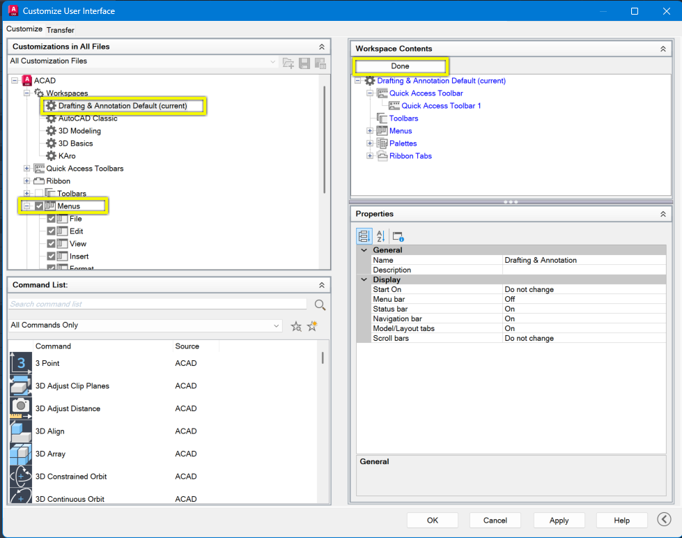 Comment activer la barre de menus dans les produits AutoCAD