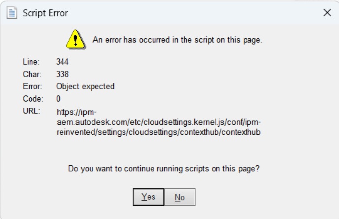 "An error has occurred in the script on this page" when opening ...