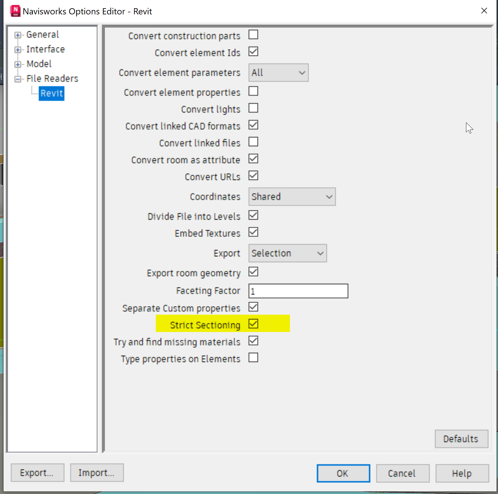 The Strict Sectioning option is missing in Navisworks Options Editor in ...