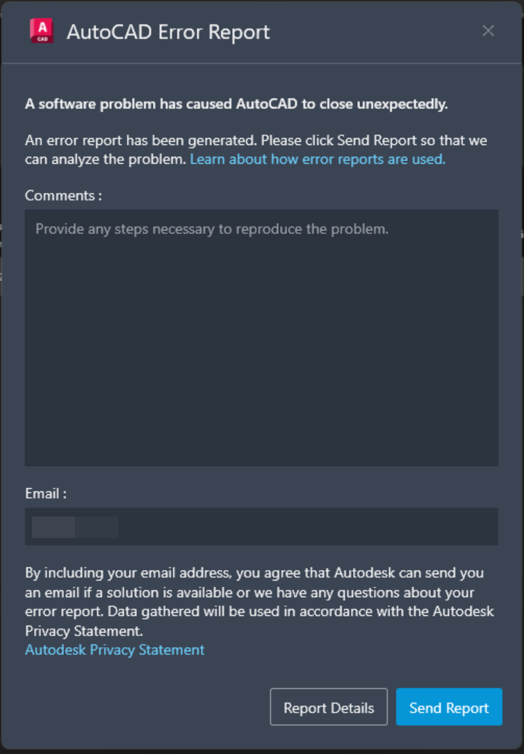 "A software problem has caused AutoCAD [LT] to close unexpectedly ...