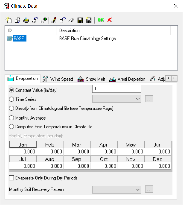 ICM SWMM에서 InfoSWMM 기후학 설정을 찾을 수 있는 위치