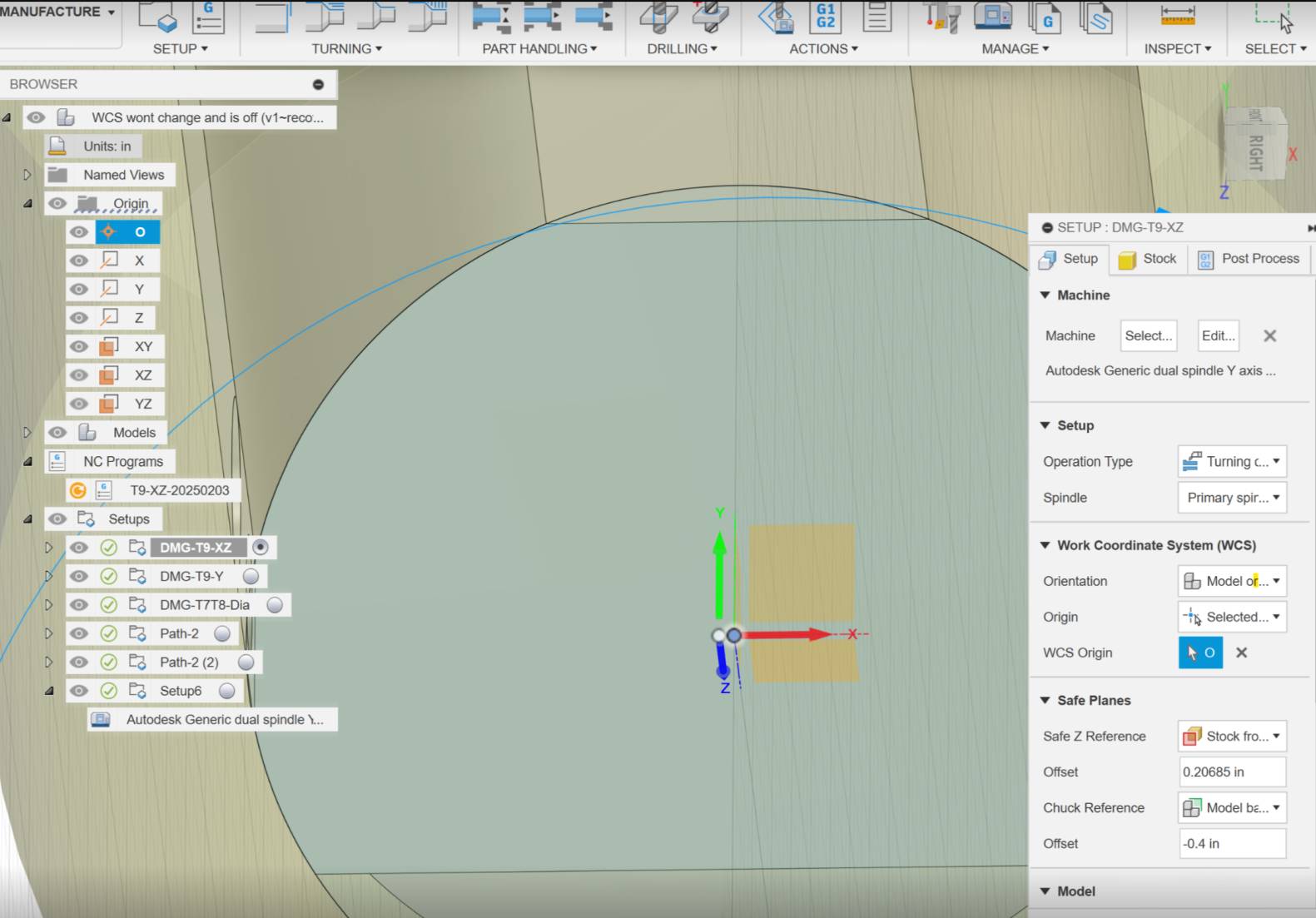 The newly created work coordinate system is not centered on an asymmetric model in Fusion