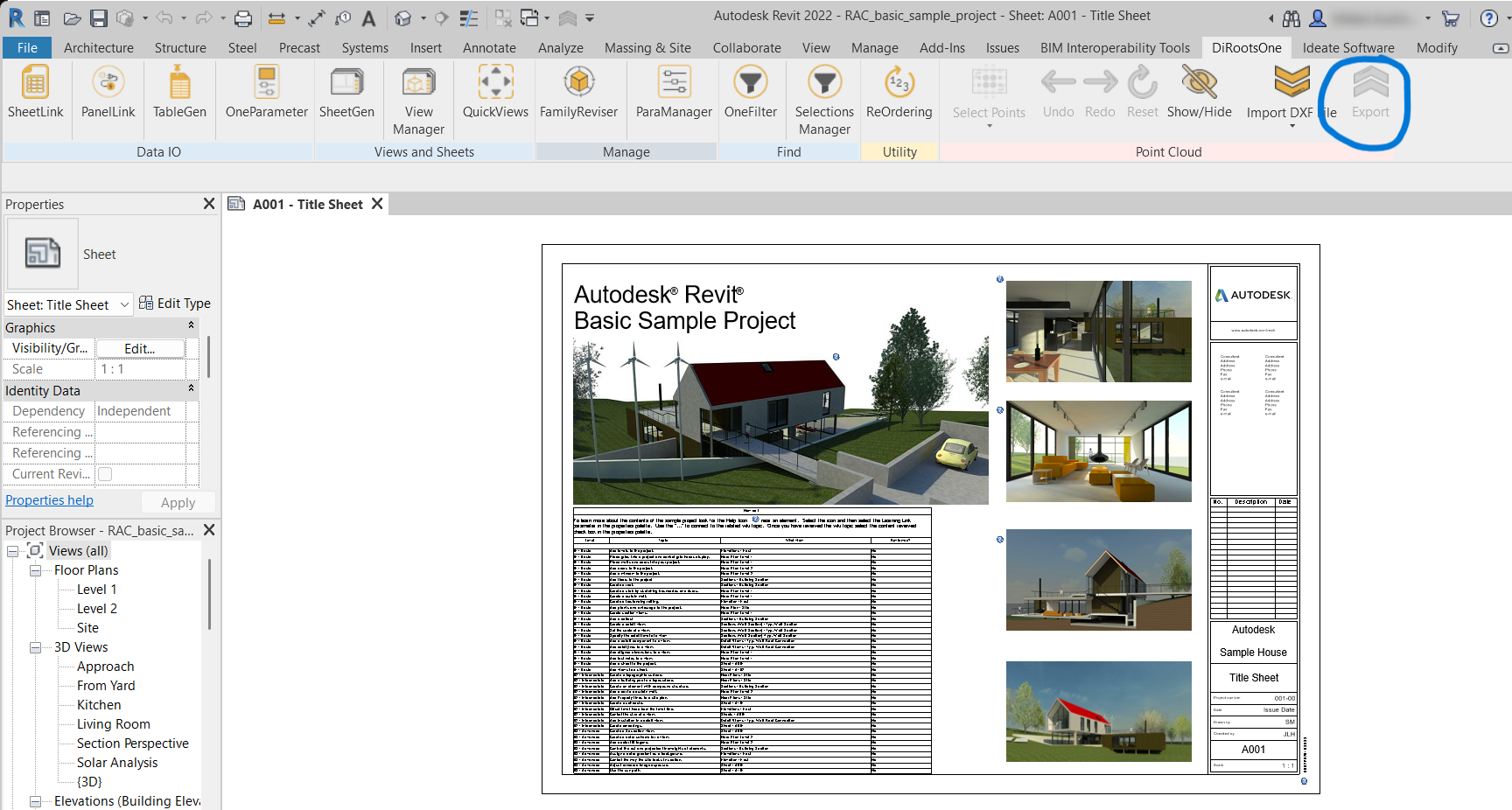 DiRoots Export tool is grayed out in Revit