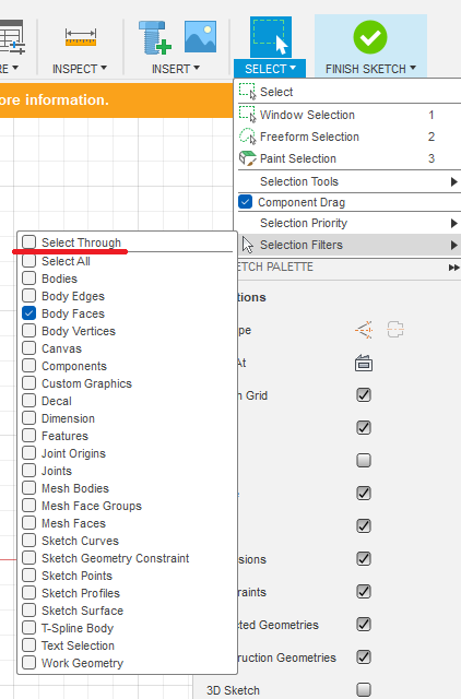 How to select only visible faces in Fusion