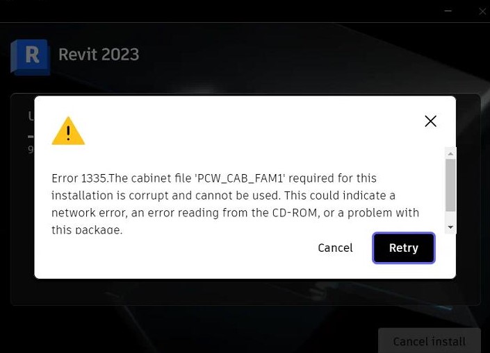 "Error 1335. The cabinet file 'pcw_cab_fam1' required for this installation is corrupt and ...