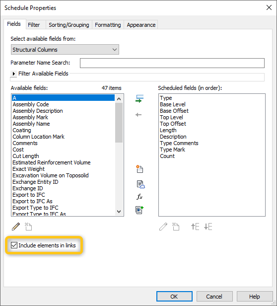 How to include model elements from linked project in Revit schedules?