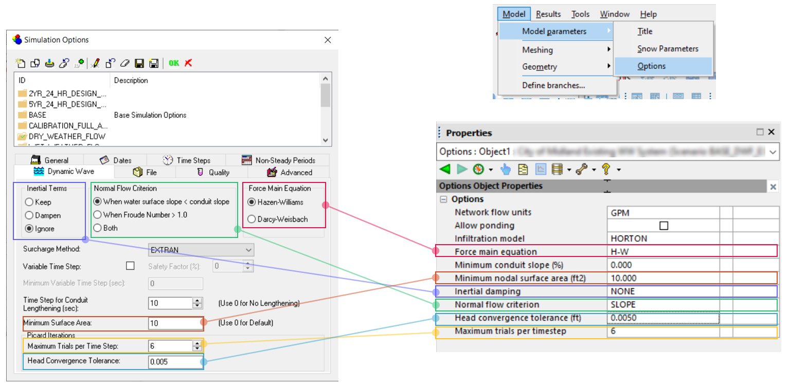 Where to find InfoSWMM simulation options in ICM SWMM