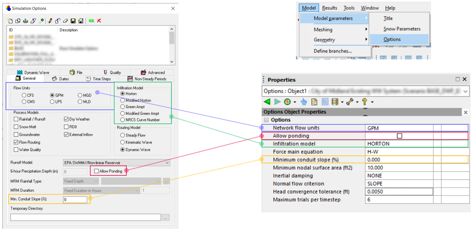 Where to find InfoSWMM simulation options in ICM SWMM